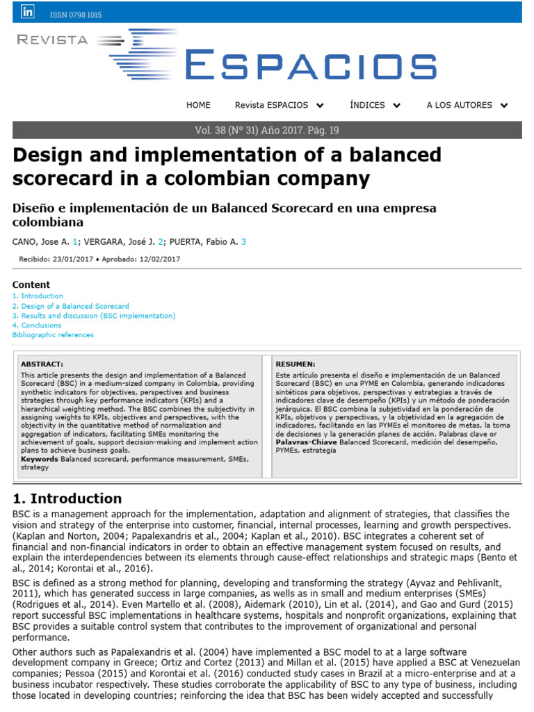 Design and Implementation of A Balanced Scorecard in A Colombian ...