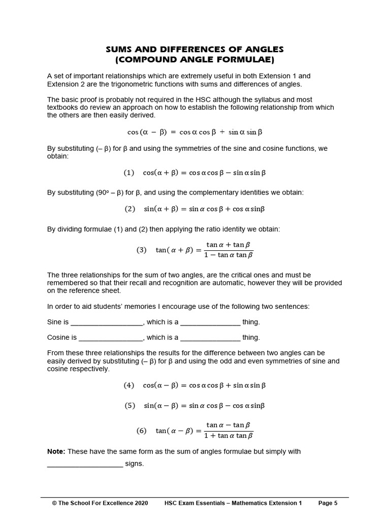 Hsc Exam Essentials Maths Ext 1 2020 Book 1 Sample Final Pdf