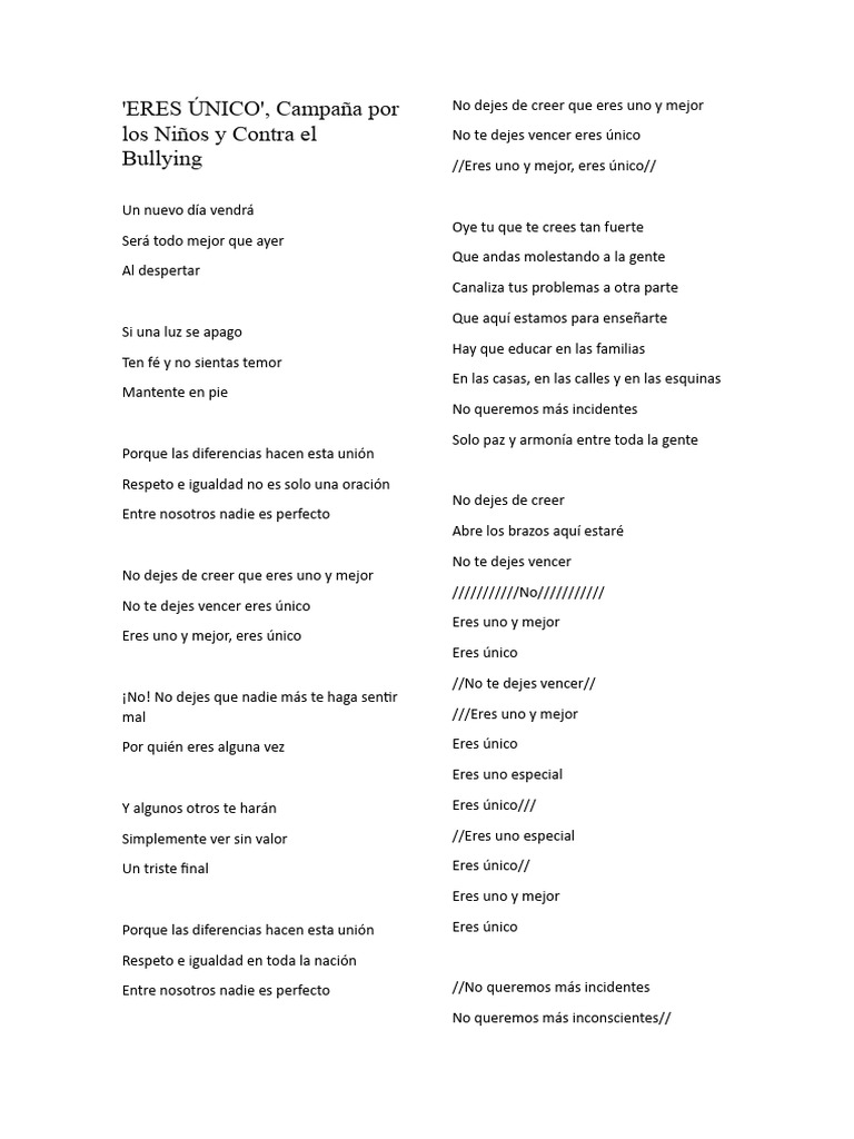 'ERES ÚNICO', Campaña Por Los Niños y Contra El Bullying | PDF