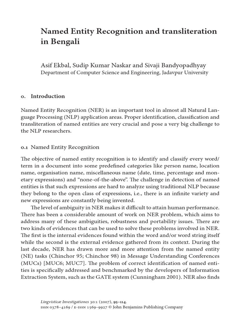 named-entity-recognition-and-transliteration-in-bengali-2007 | PDF | Machine Learning | English ...