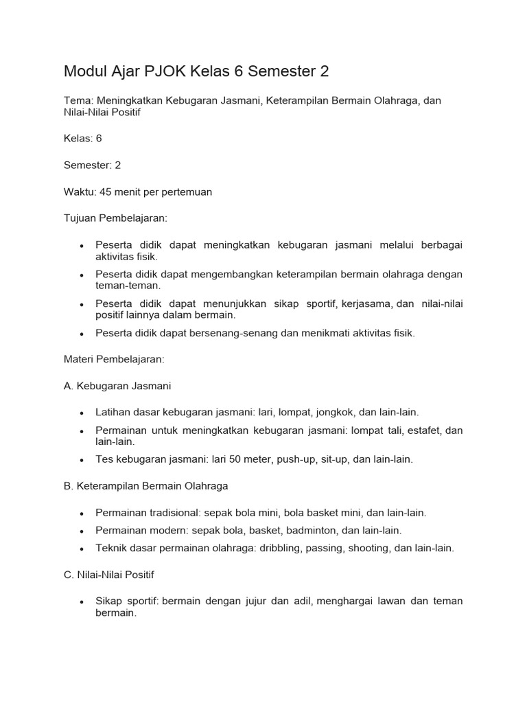 Modul Ajar PJOK Kelas 6 Semester 2 | PDF