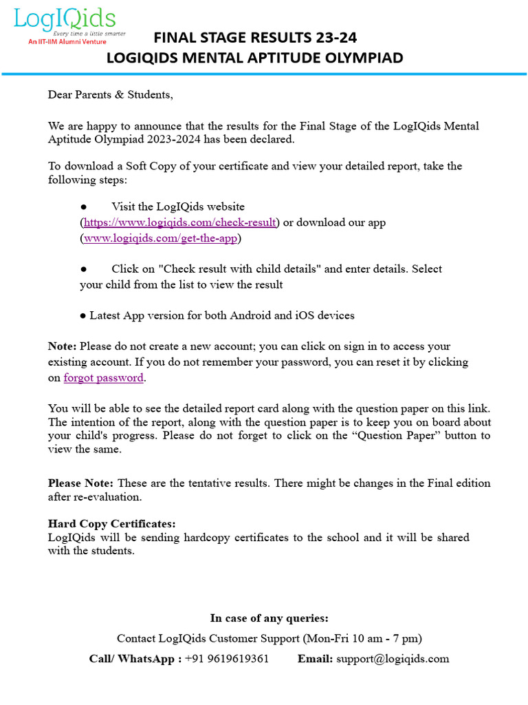 LogIQids - Final Stage Result Circular | PDF