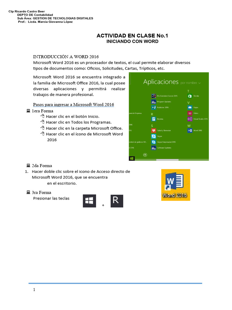 Actividad en Clase No.1 Iniciando Word | PDF | Microsoft | Microsoft Word