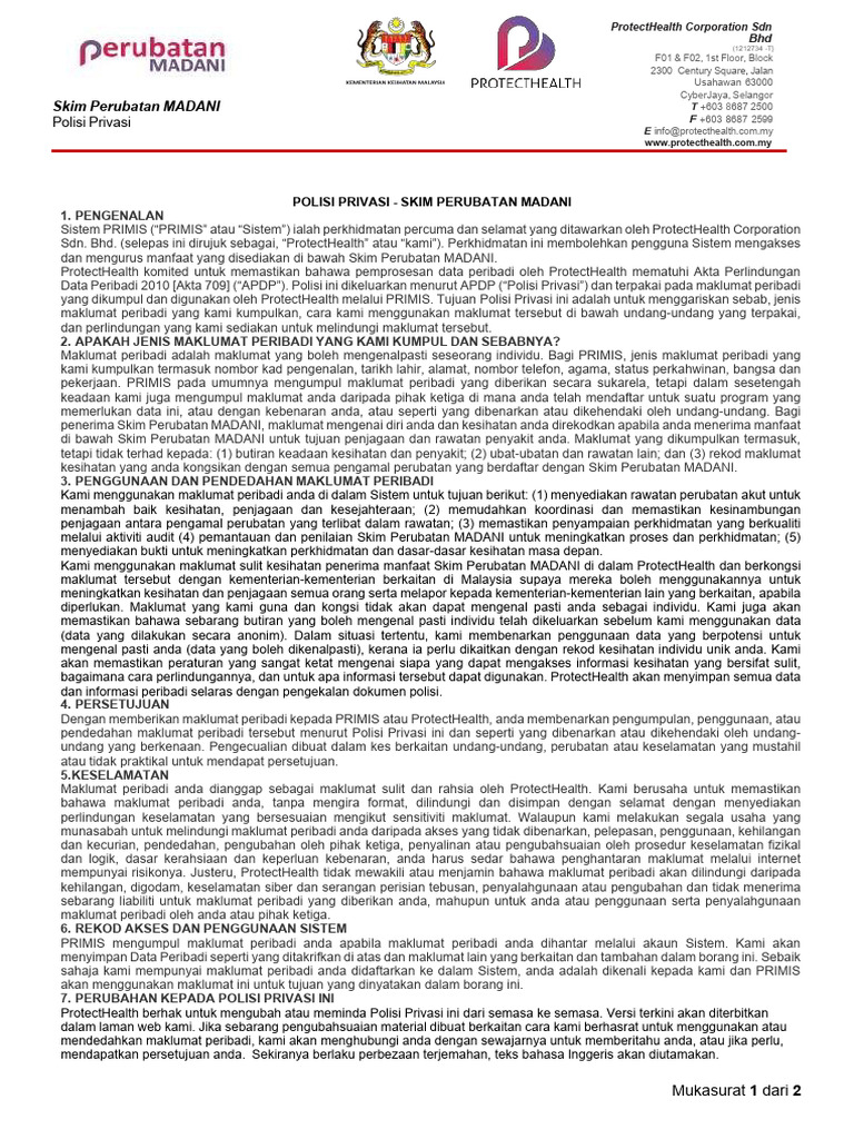 CONSENT-Skim Perubatan MADANI (BM) - PDPA | PDF