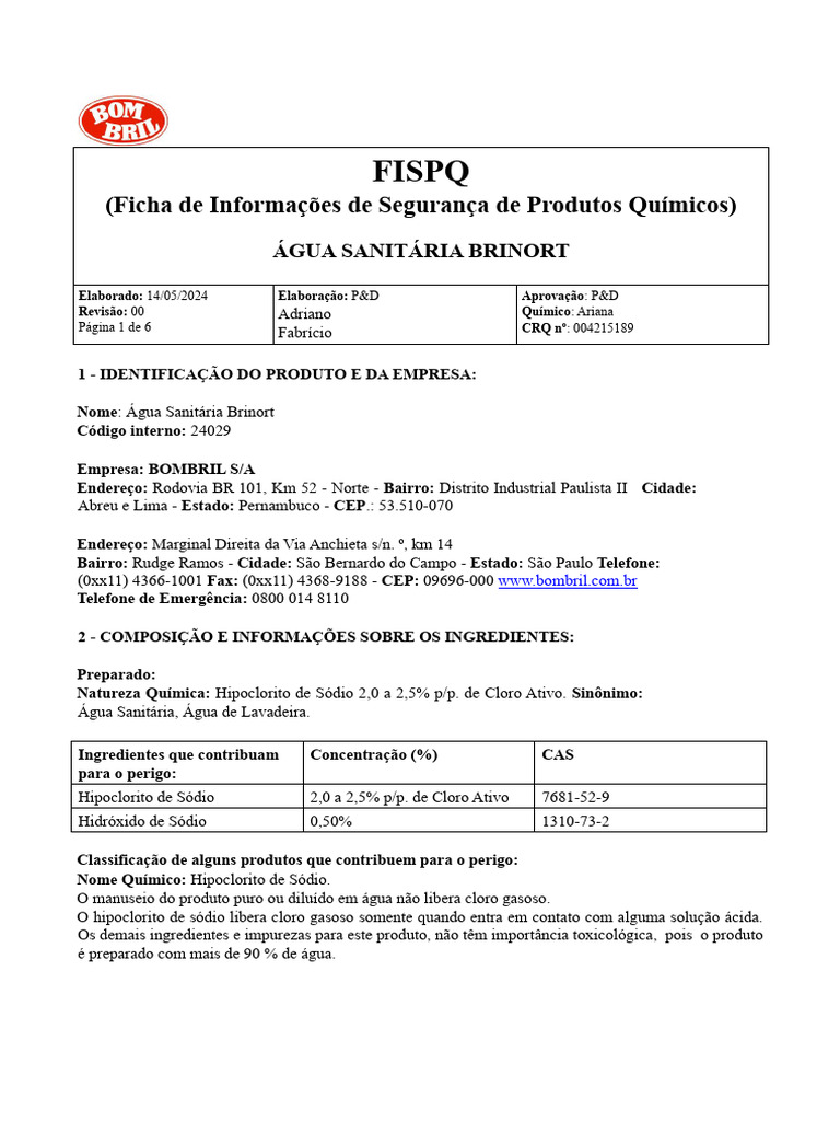 Ficha de Segurança Água Sanitária Brinort | PDF | Cloro | Embalagem e ...