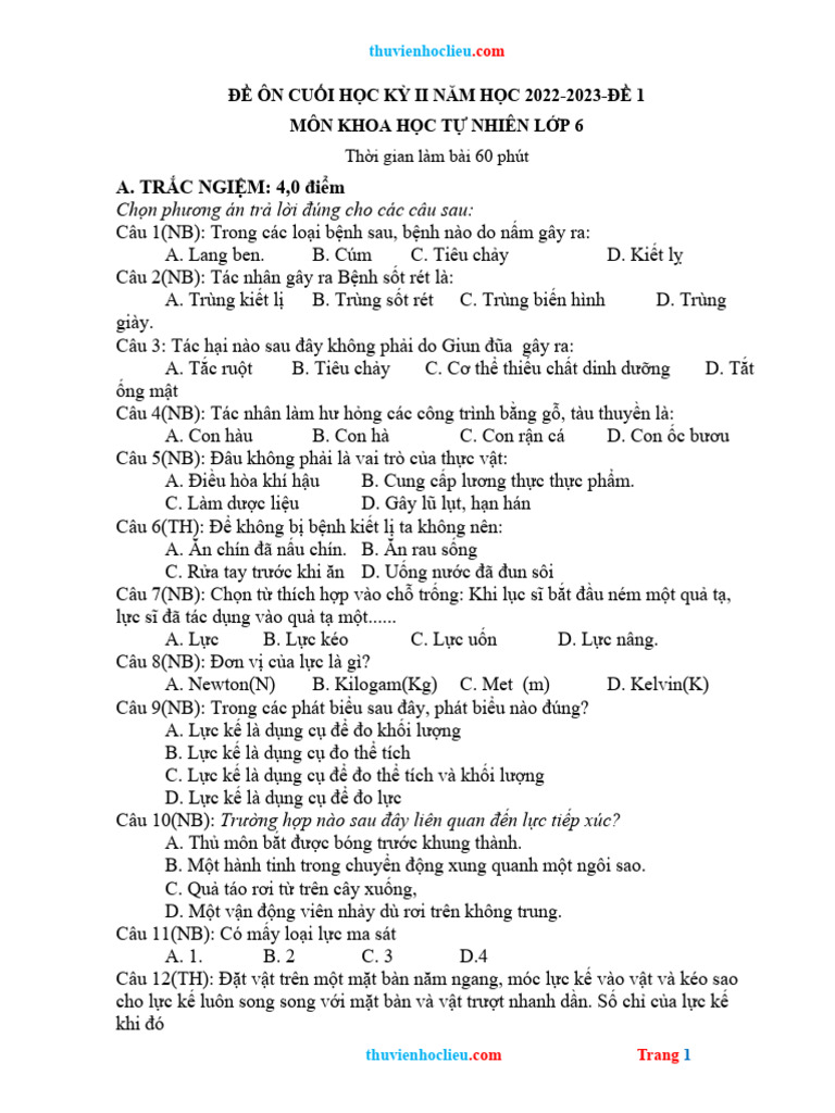 Bo de On Tap KHTN 6 HK2 Nam 22 23 Co Dap An | PDF