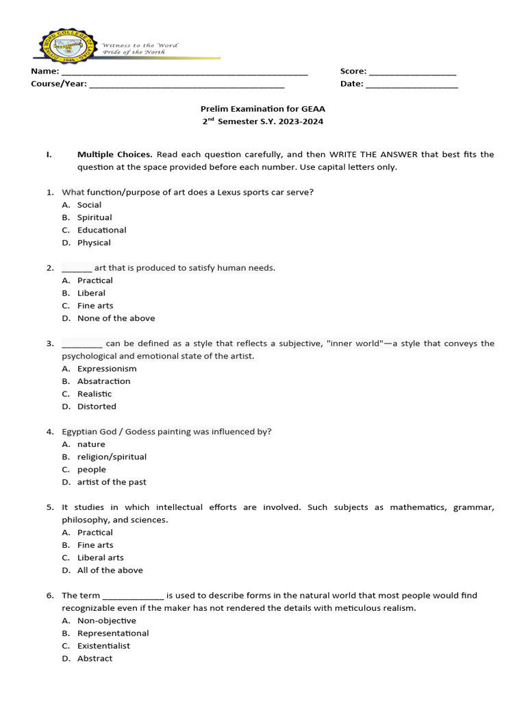 Prelim Exam on Art Concepts and Techniques | PDF | Renaissance | Sculpture