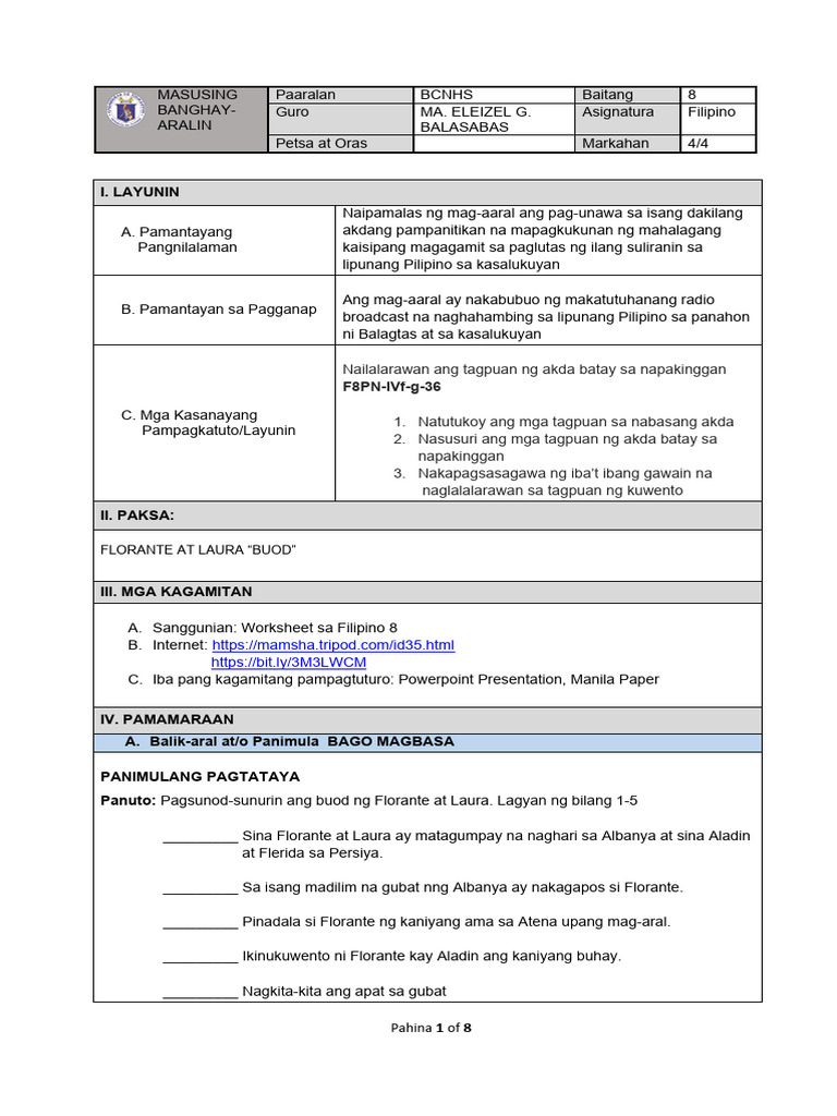 DLP-FILIPINO8 Q4 Week 4 | PDF