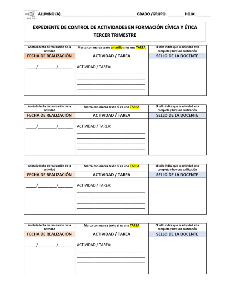 Formato para Expediente Control Actividades 2 Año | PDF