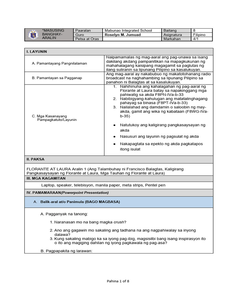 Dlp-Filipino8 q4 Week 1 | PDF
