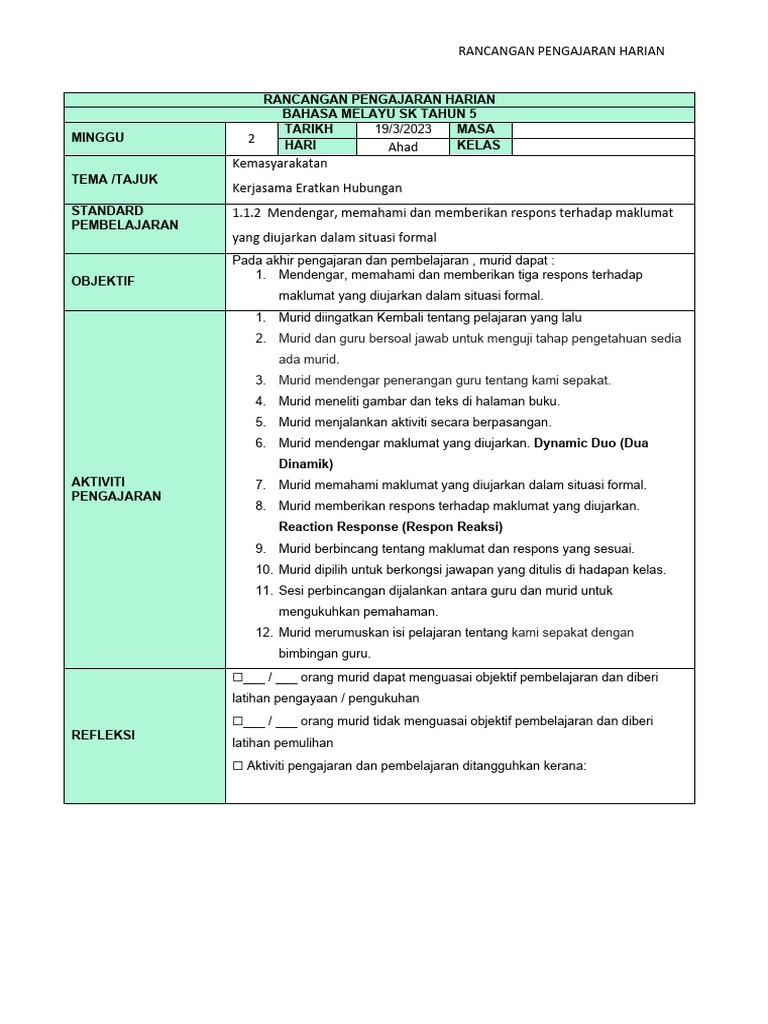 RPH Ringkas Minggu 2 BM SK THN 5 2024 by Cikgu Gorgeous | PDF