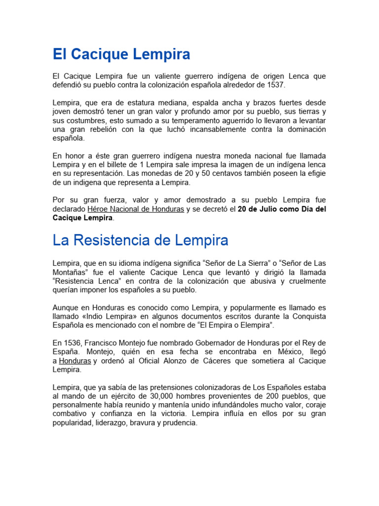 El Cacique Lempira-Reseña Historica | PDF | Historia | Religión y ...