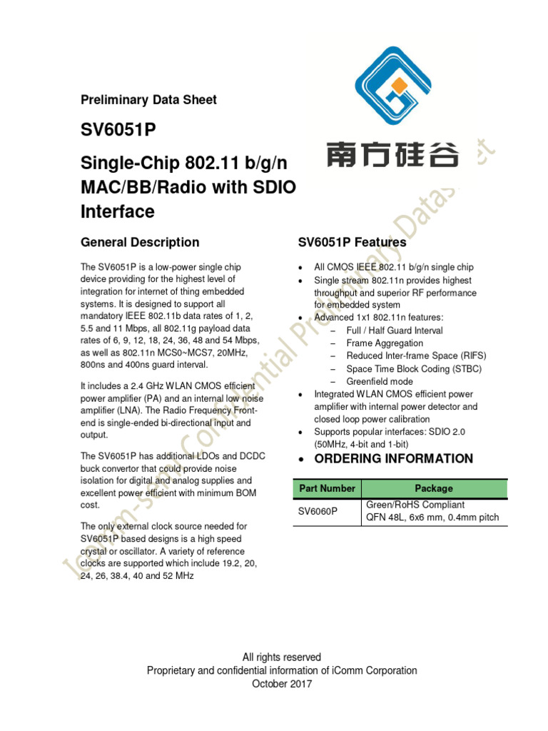 SV6051P Single-Chip 802.11 B/G/N MAC/BB/Radio With SDIO Interface | PDF | Ieee 802.11 | Computer ...
