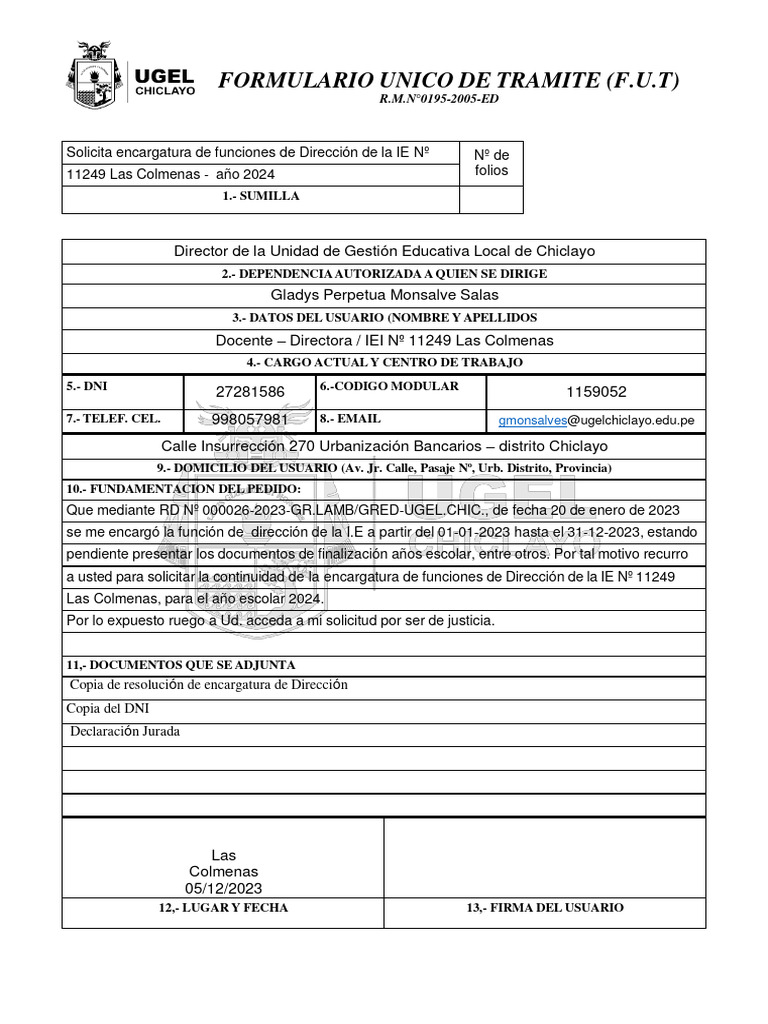 Solicita Encargatura de Funciones de Direccion de La Ie #11249 Colmenas ...