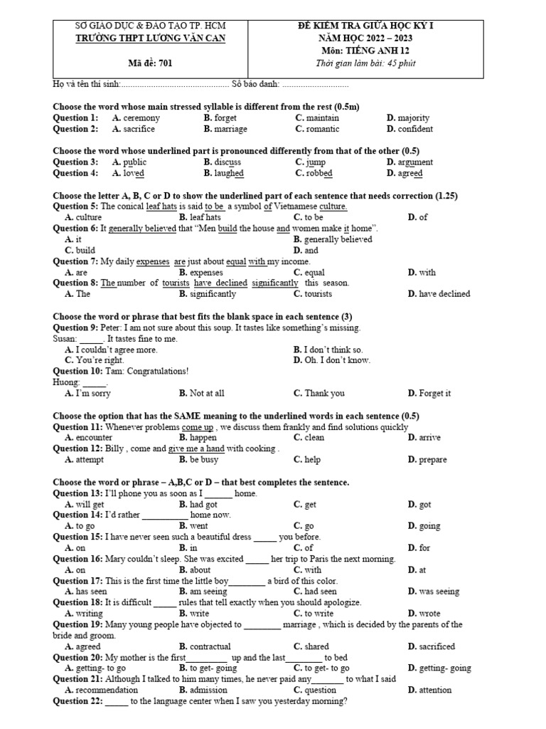 De Giua Hoc Ky 1 Tieng Anh 12 Nam 2022 2023 Truong THPT Luong Van Can TP HCM | PDF