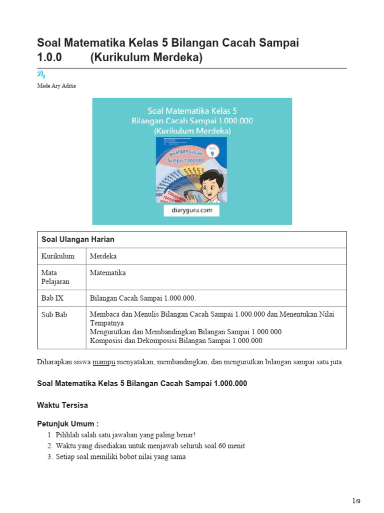 Soal Matematika Kelas 5 Bilangan Cacah Sampai 1000000 Kurikulum Merdeka | PDF | Griya & Taman