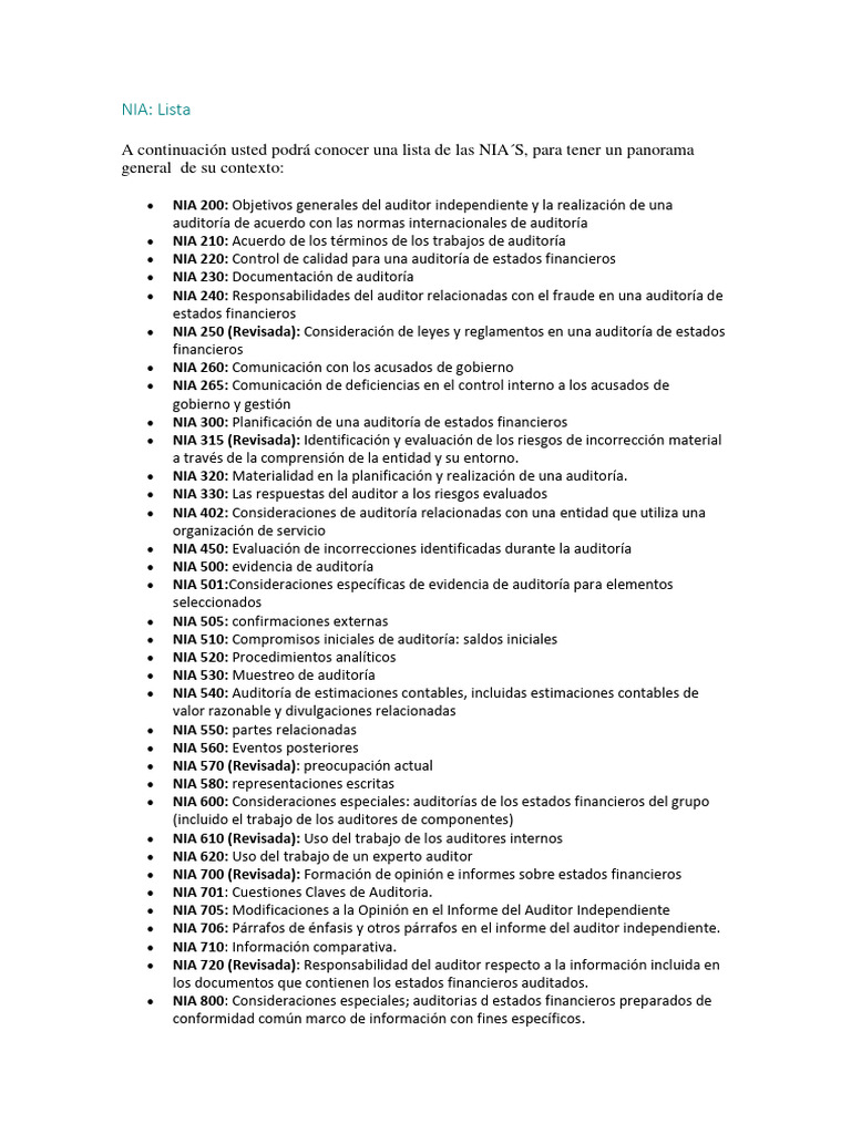 NIA: Lista: A Continuación Usted Podrá Conocer Una Lista de Las NIA S ...