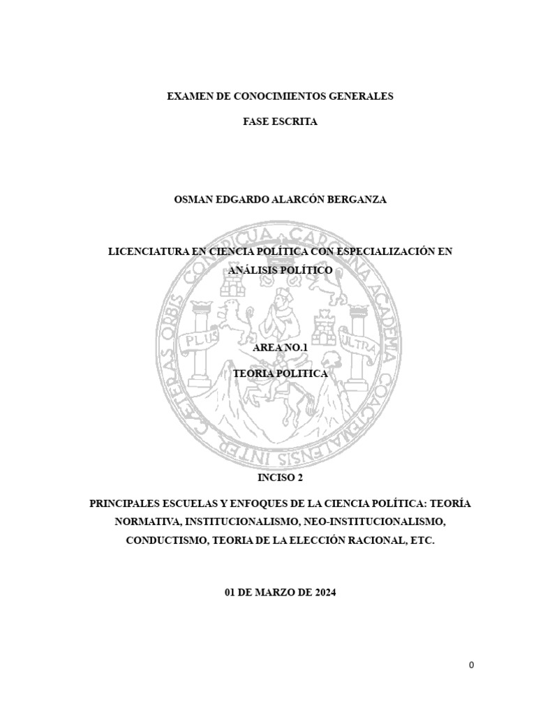 1-1 PRINCIPALES ESCUELAS Y ENFOQUES DE LA CIENCIA POLÍTICA TEORÍA NORMATIVA, INSTITUCIONALISMO ...