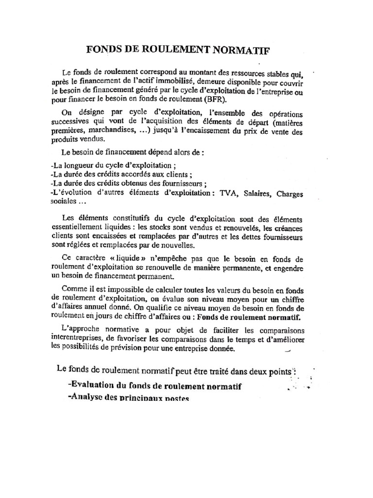Chapitre 1 Le fond de roulement normatif | PDF