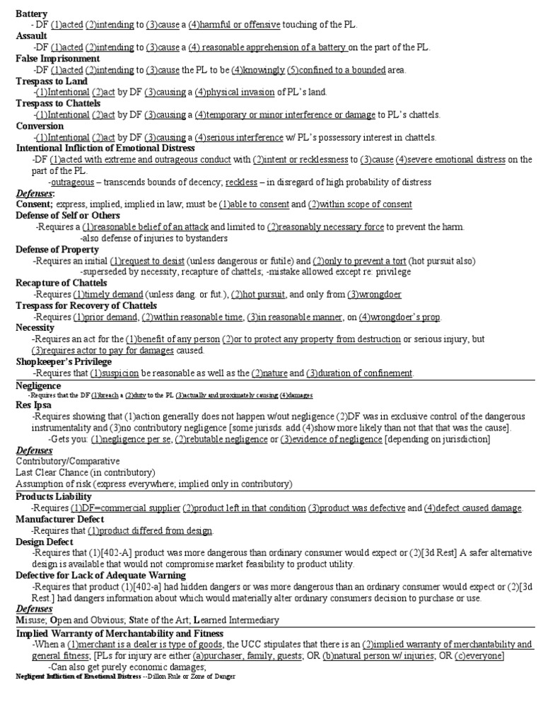 Tort Cheat Sheet | PDF | Trespass | Negligence