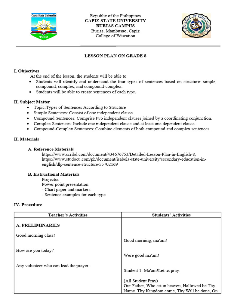 Grade 8 Lesson Plan: Sentence Types | PDF | Sentence (Linguistics ...