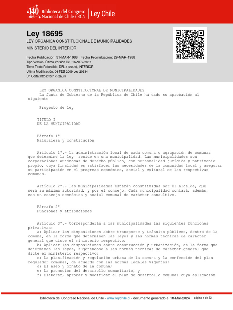 Ley 18695 - 31 Mar 1988 | PDF | Alcalde | Gobierno local