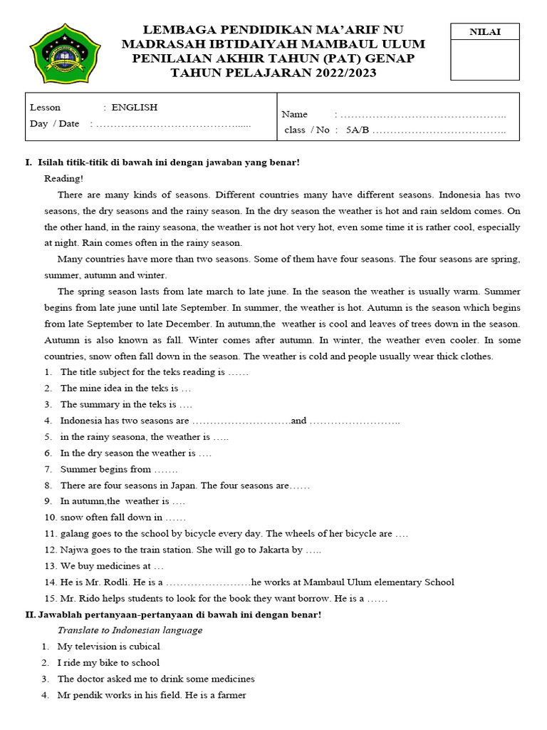 Soal English KLS 5a Pat Mimu 22-23 | PDF | Seasons | Climate