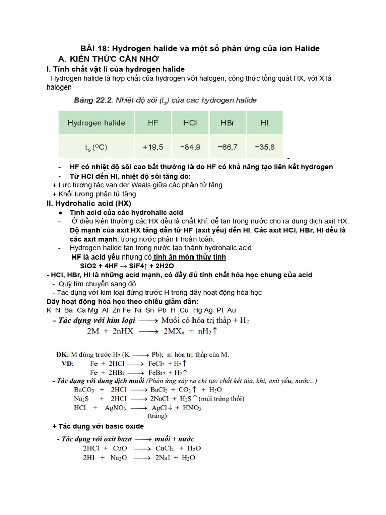BÀI 18 - Hydrogen halide và một số phản ứng của ion Halide | PDF