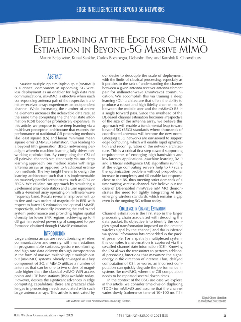 Deep Learning at the Edge for Channel Estimation in Beyond-5G Massive MIMO | PDF | Orthogonal ...