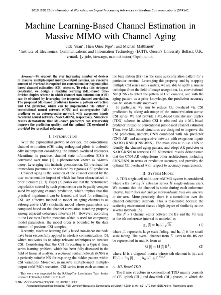 Machine Learning-Based Channel Estimation in Massive MIMO With Channel Aging | PDF | Mimo ...