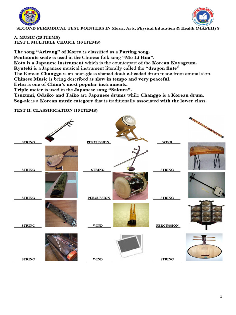 Second Quarter Exam Pointers in Mapeh Grade-8 Sy 2023 2024 | PDF | String Instruments