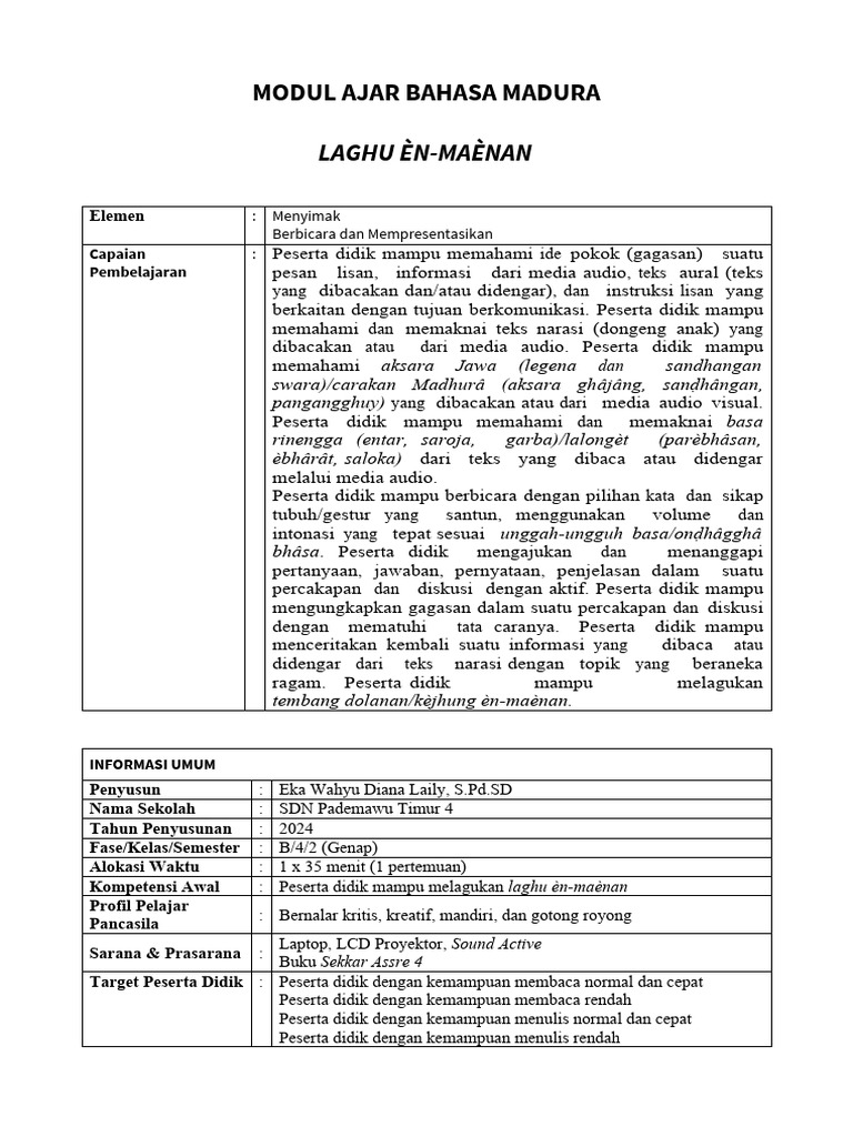 MODUL AJAR BAHASA MADURA Ekinerja PMM | PDF