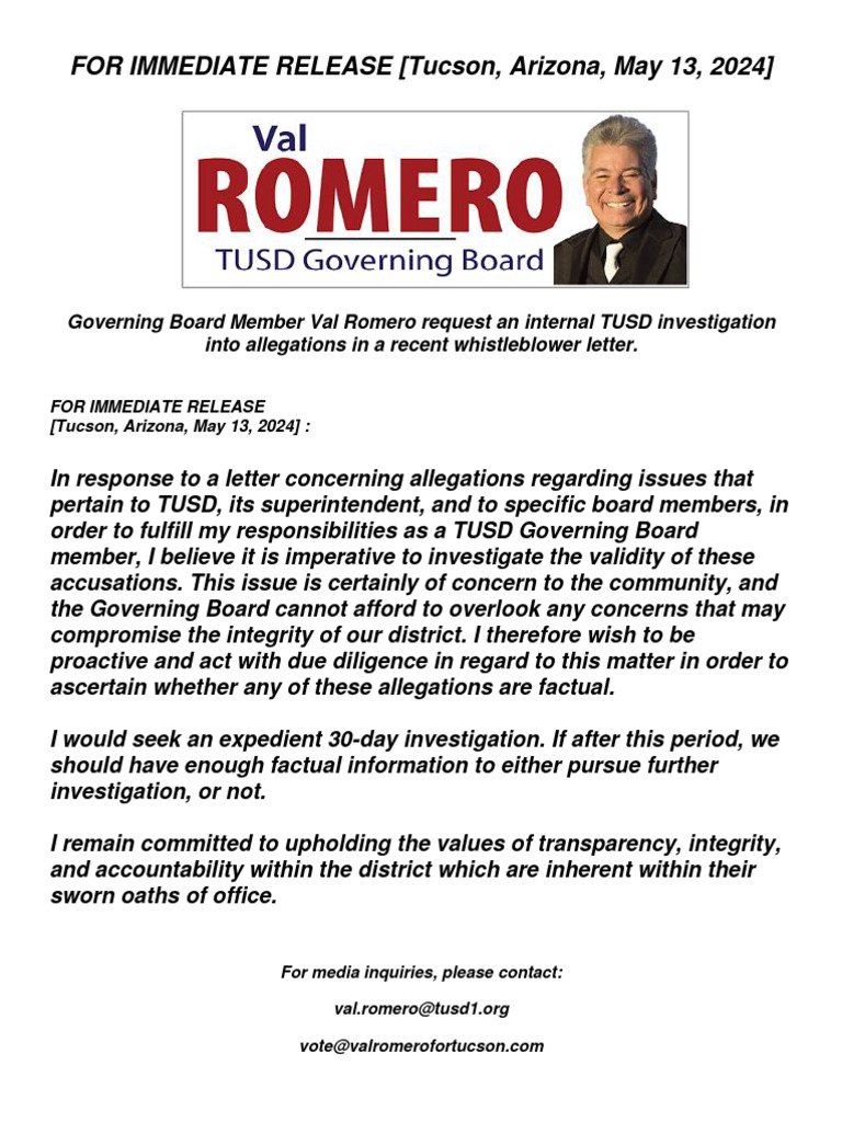 Val Romero's Letter About Whistleblower Allegations | PDF
