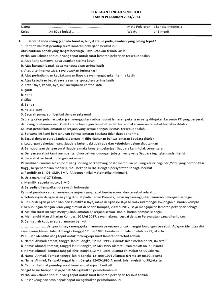 Soal PTS B. Indo Kelas 12 | PDF