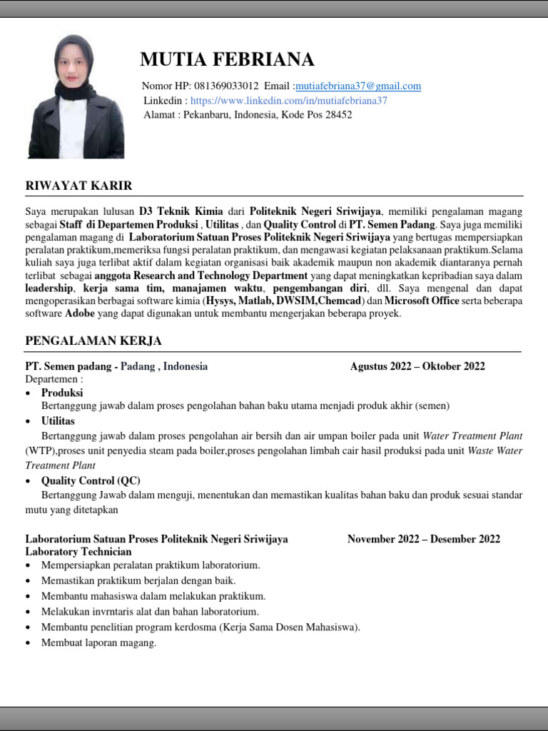 CV Teknik Kimia Mutia Febriana | PDF