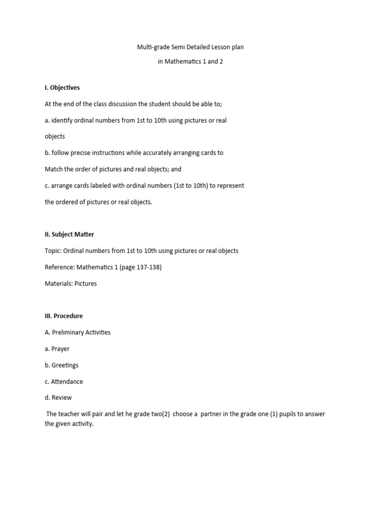 Multi-Grade Lesson Plan: Ordinal Numbers | PDF