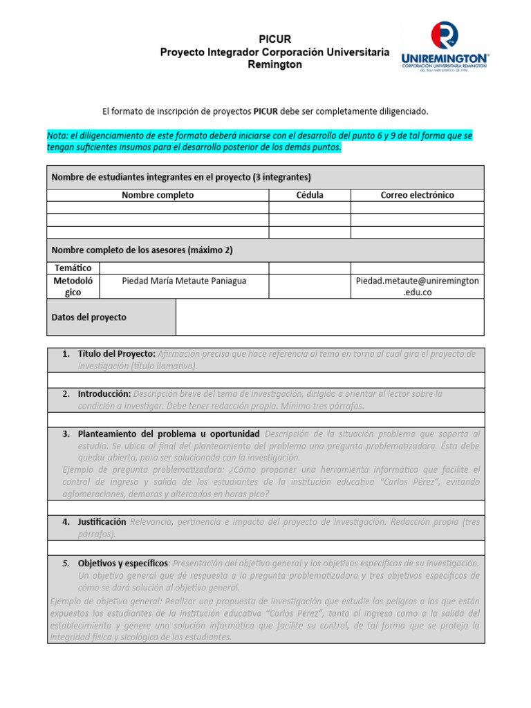 Formato Inscripción Proyectos PICUR | PDF | Software | Metodología de ...