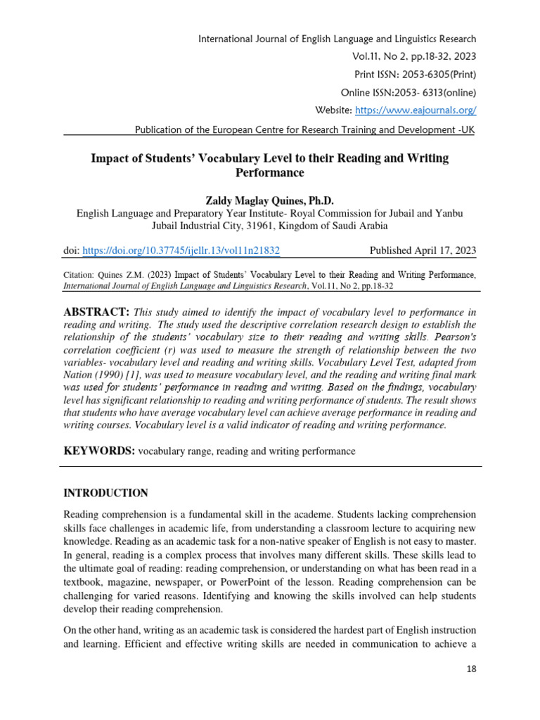 Vocabulary Impact on Reading and Writing | PDF | Reading Comprehension ...