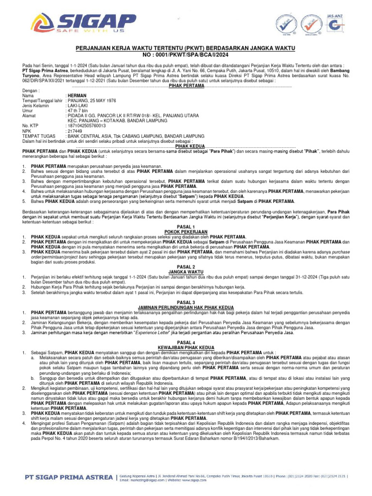 PKWT & PB Awal - Bank Bca (33 SG) Lampung Januari 2024 Spa | PDF