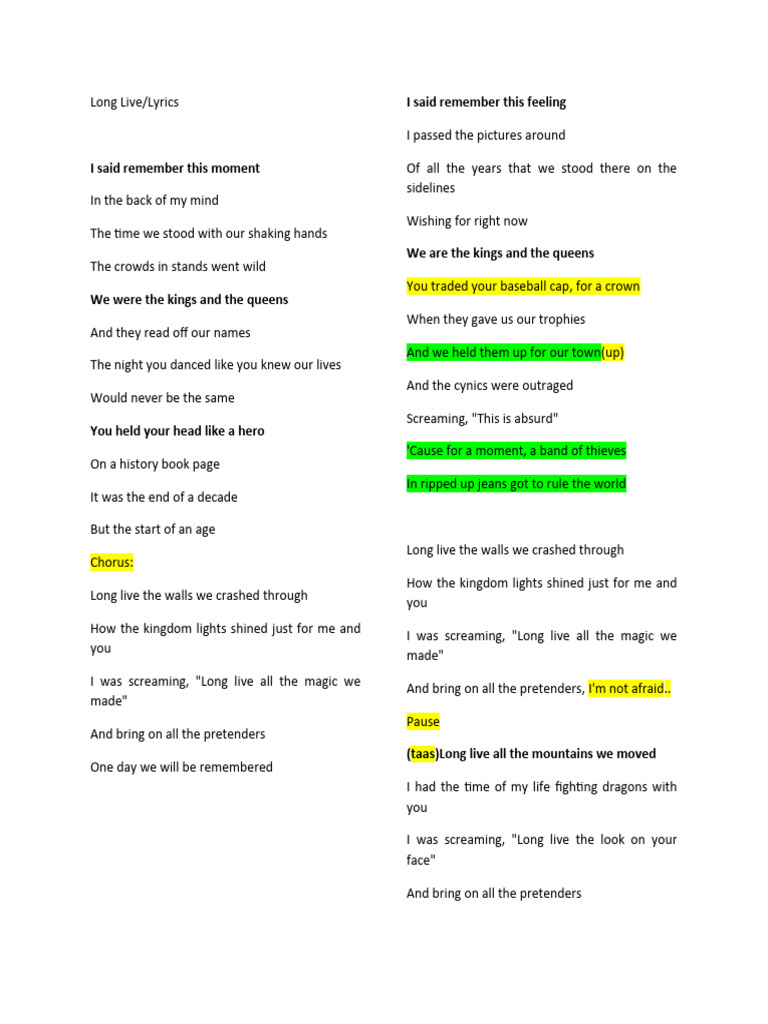 Long Live - Lyrics | PDF