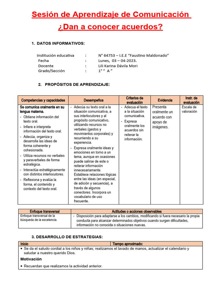 Sesion de Aprendizaje de Comunicacion_03.04.2023 | PDF | Evaluación | Aprendizaje