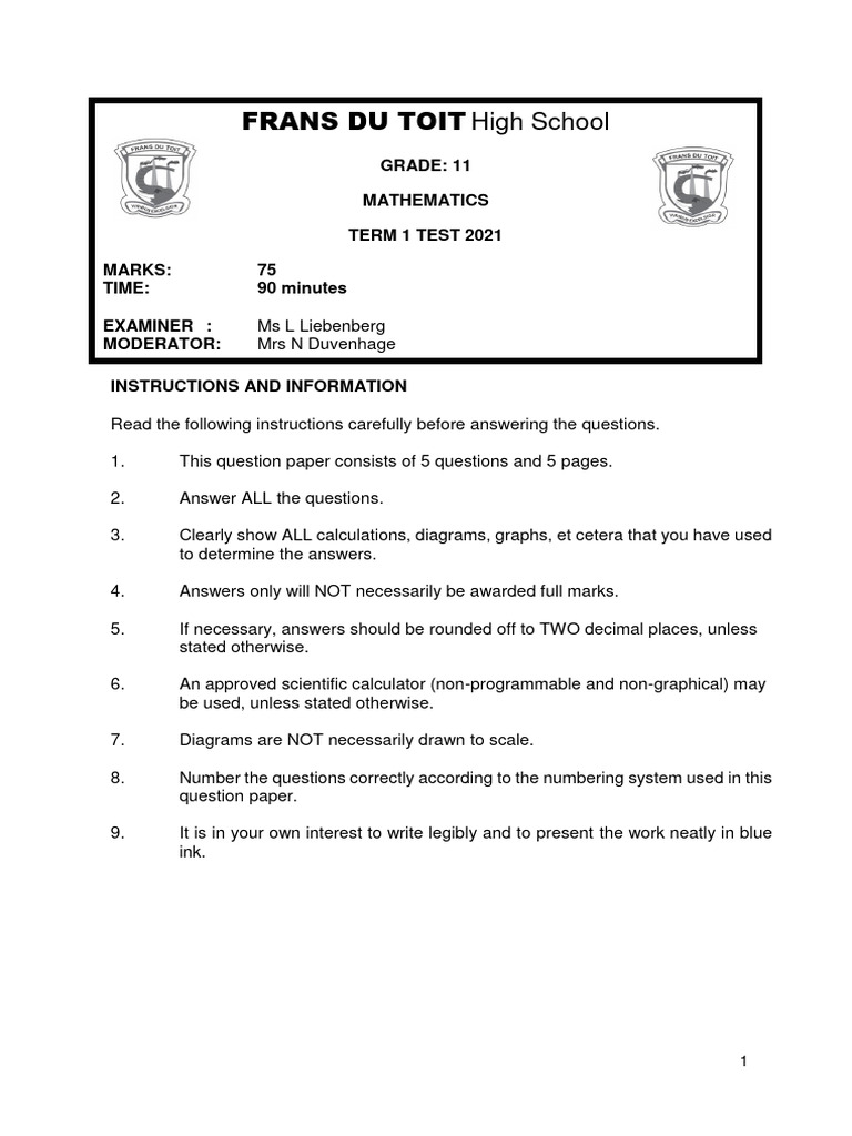2021 LP GR 11 MATH TEST MARCH QP | PDF