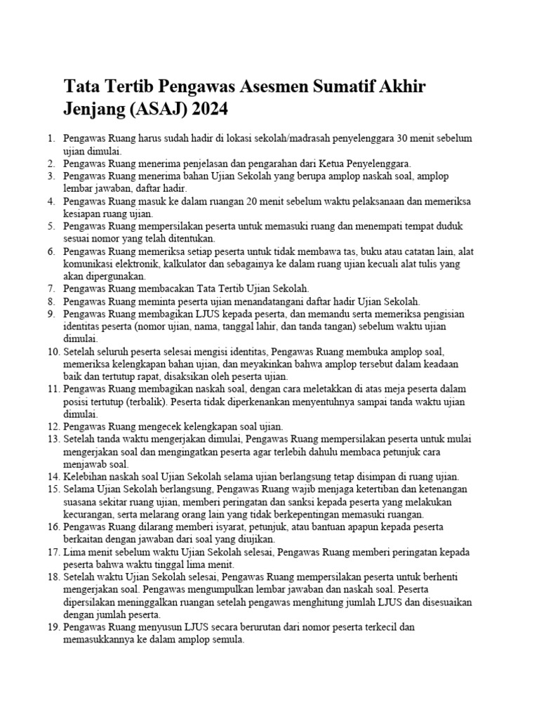 Tata Tertib Pengawas Asesmen Sumatif Akhir Jenjang (ASAJ) | PDF