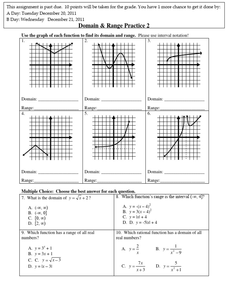 Domain and Range Practice 2 - Past Due | PDF | Function (Mathematics) | Mathematical Logic