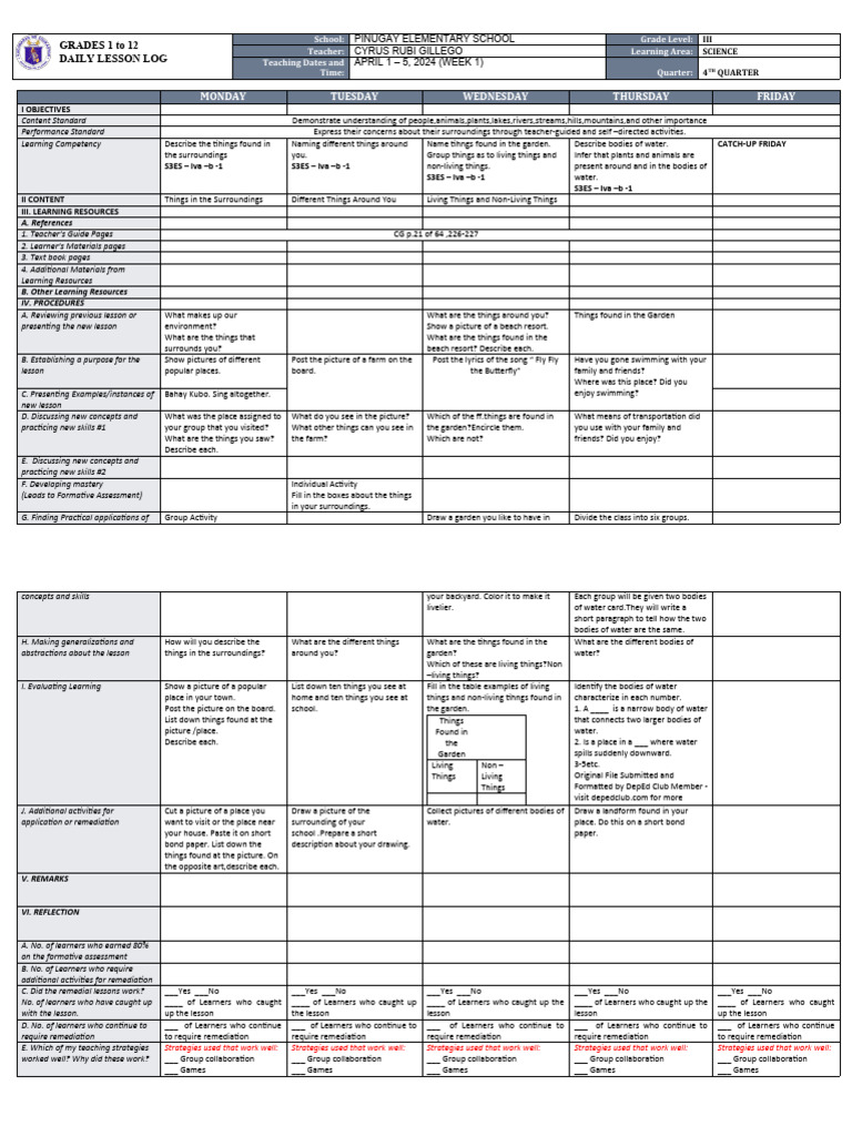 DLL - Science 3 - Q4 - W1 | PDF | Learning | Cognitive Science