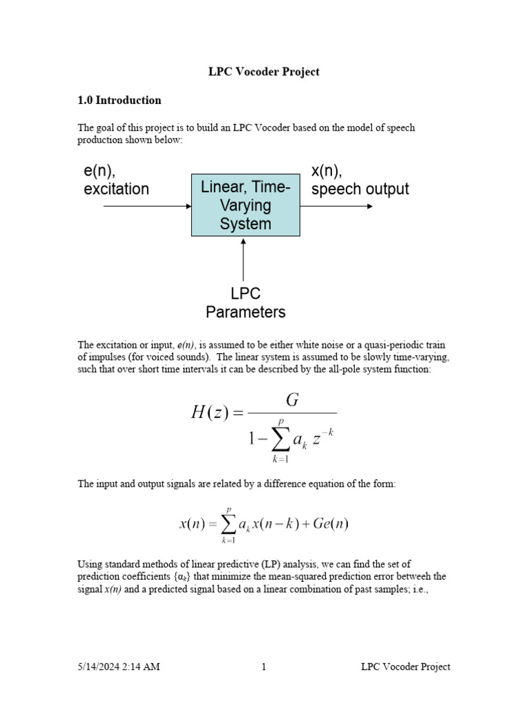 LPC Vocoder Project | PDF | Autocorrelation | Signal Processing
