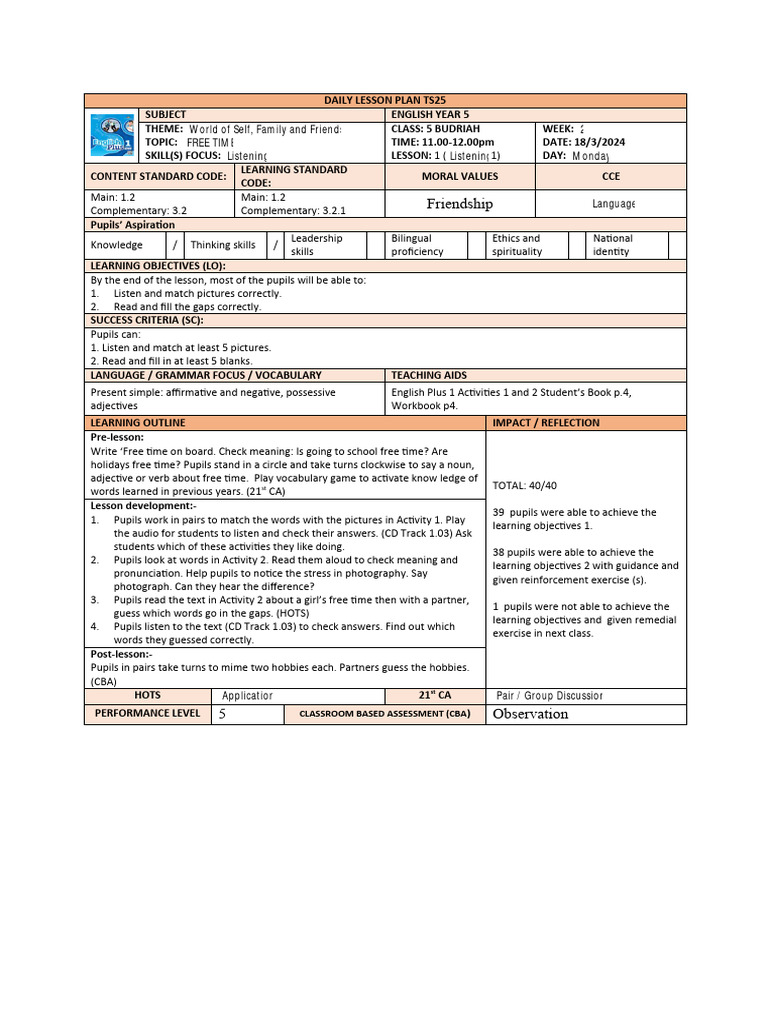 Daily Lesson Plan TS25 | PDF | English Language | Lesson Plan