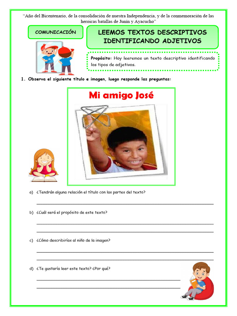 Ficha-Lun-Comun-Leemos Textos Descriptivos Identificando Adjetivos | PDF