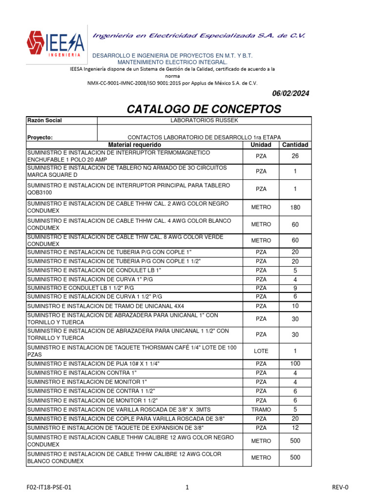Catálogo de Conceptos F-1 | PDF | Ingeniería | Ingenieria Eléctrica