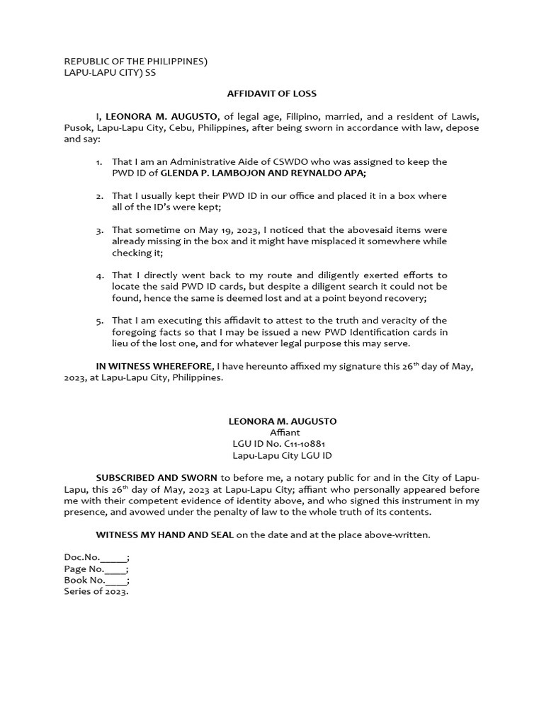 Affidavit of Loss PWD CSWDO | PDF